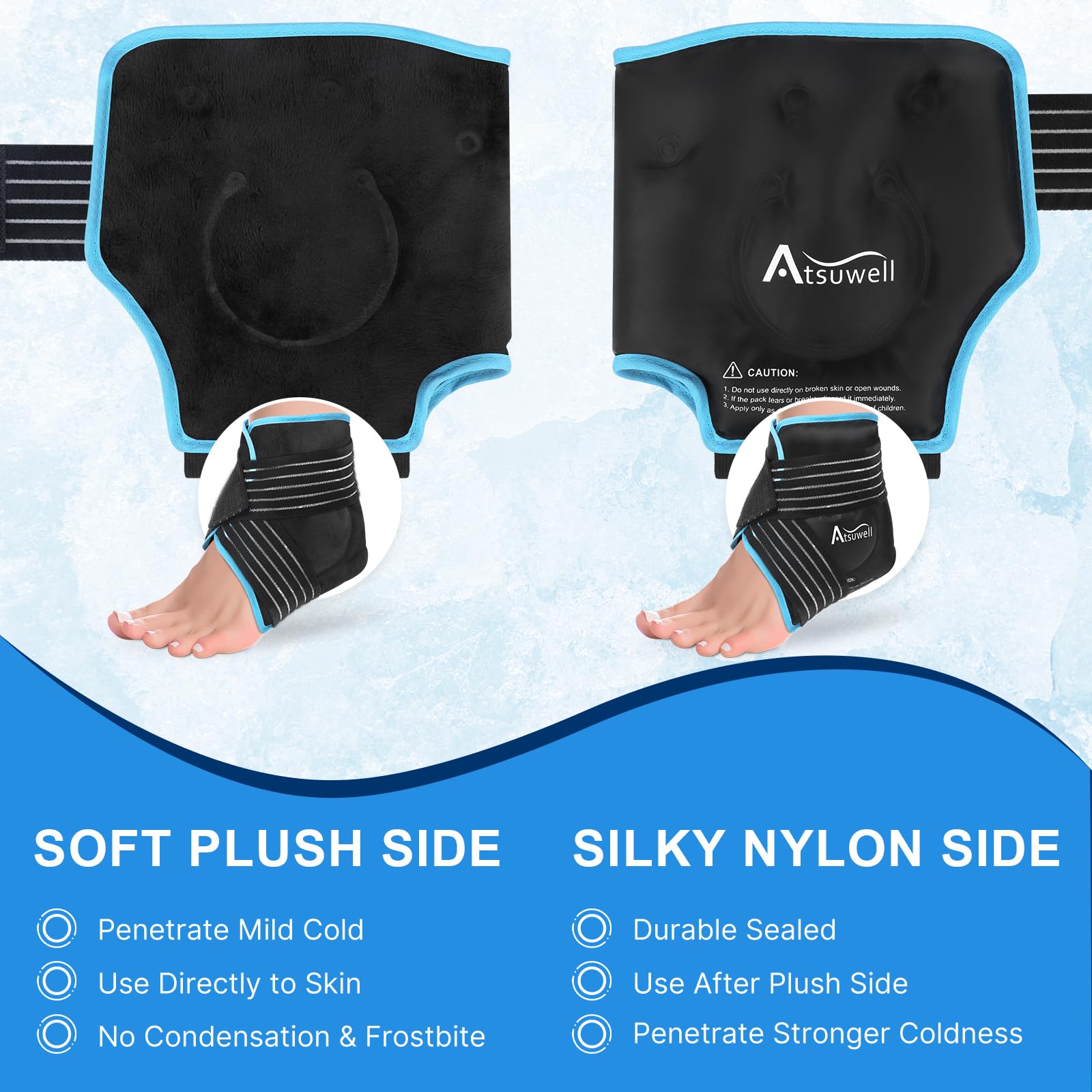 Atsuwell Ankle Ice Pack Wrap 2 Packs, Ankle Ice Wraps Flexible Gel Cold Pack for Foot Ankle Heel, Cold Compress Therapy for Soothing Discomfort, Black