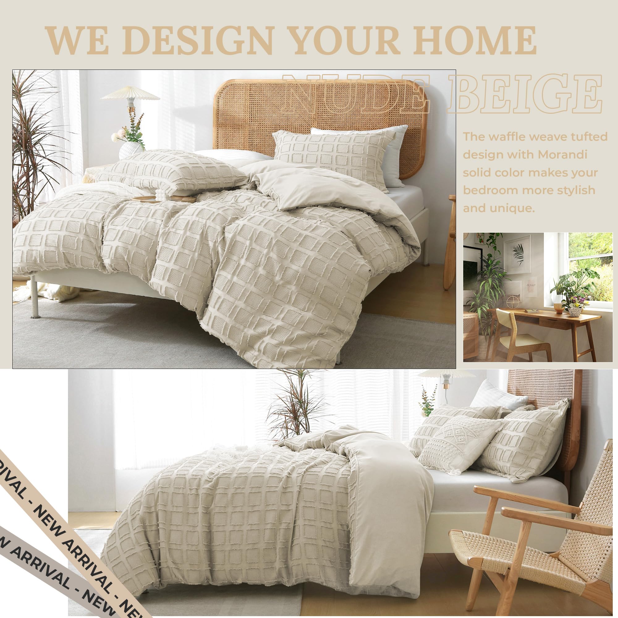 MILDLY Waffle Weave Duvet Cover Set Beige Tufted Duvet Cover 100% Washed Microfiber Soft & Breathable Textured Comforter Cover Set with Zipper Closure Corner Ties
