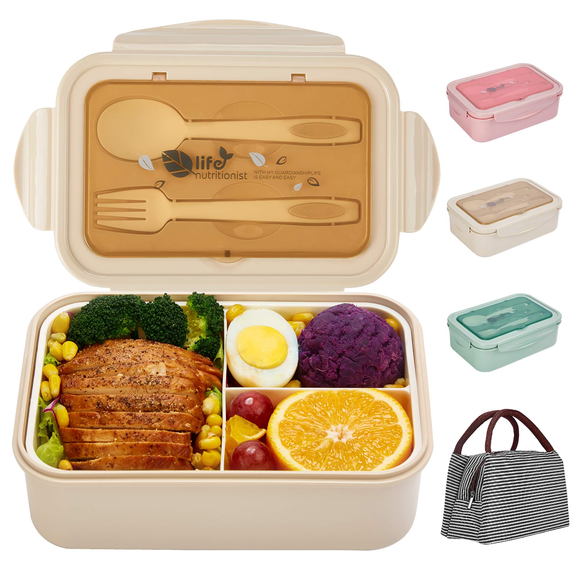 Porzu Bento Lunch Box, 1400 ML Lunch Box Meal Prep For Adultsļ¼3 Compartments Portable Food Container with Utensil (Beige)