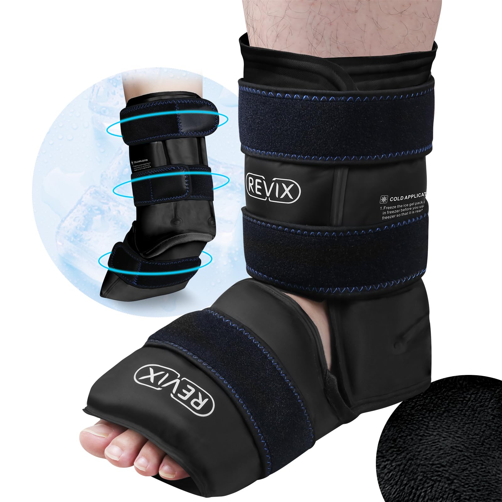 REVIX XL Ankle Ice Pack Wrap for Swelling and Cold Pack Foot Pain Relief, Heel Ice Pack for Injuries Reusable Gel, Ankle Ice Wrap for Plantar Fasciitis, Achilles Tendonitis, Sprained Ankles, Black
