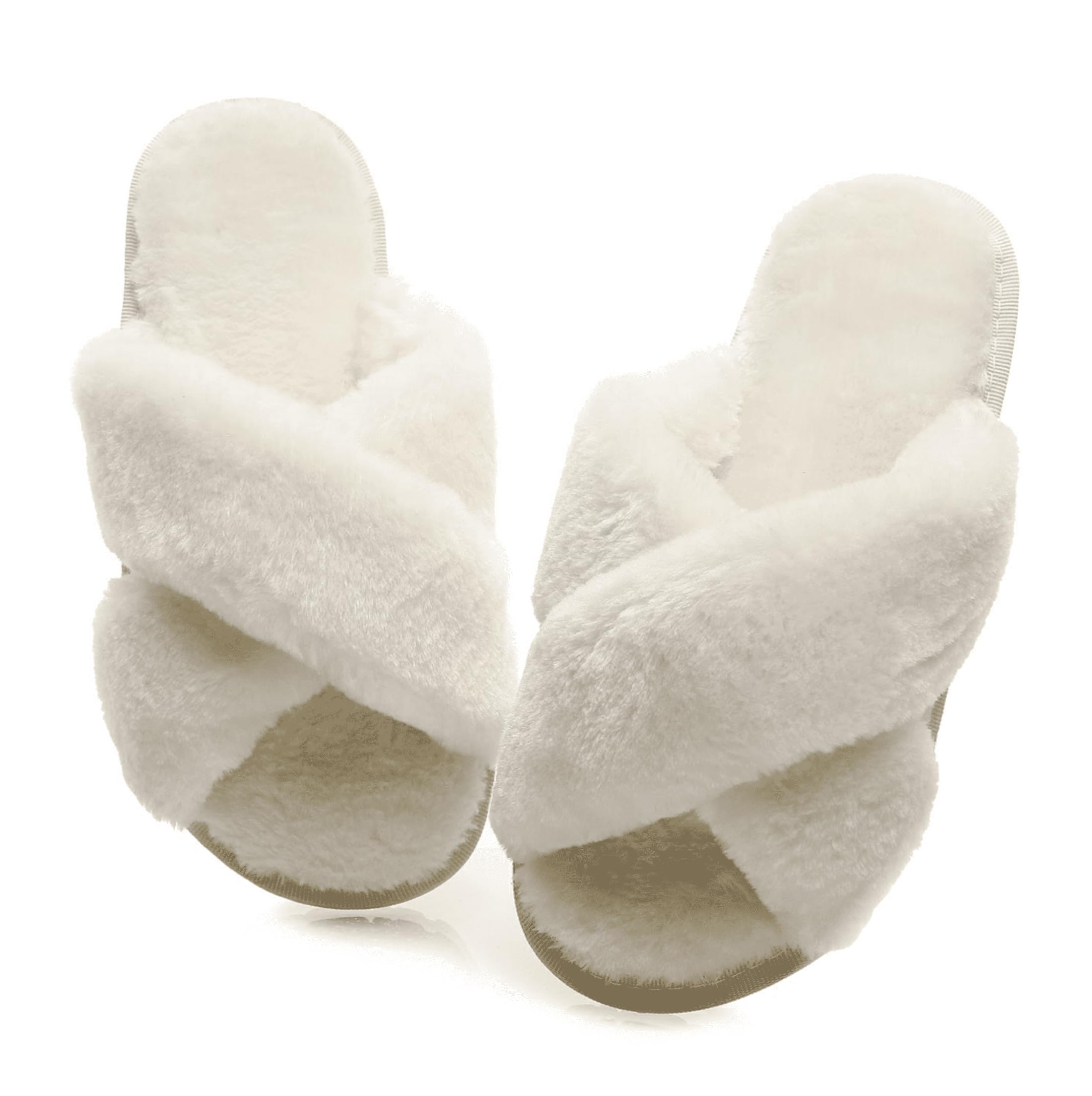 Crazy Lady Women's Fuzzy Fluffy House Slippers Cute Plush Memory Foam Shoes Cross Band Indoor Outdoor Open Toe Sandals(06/White, 7-8)