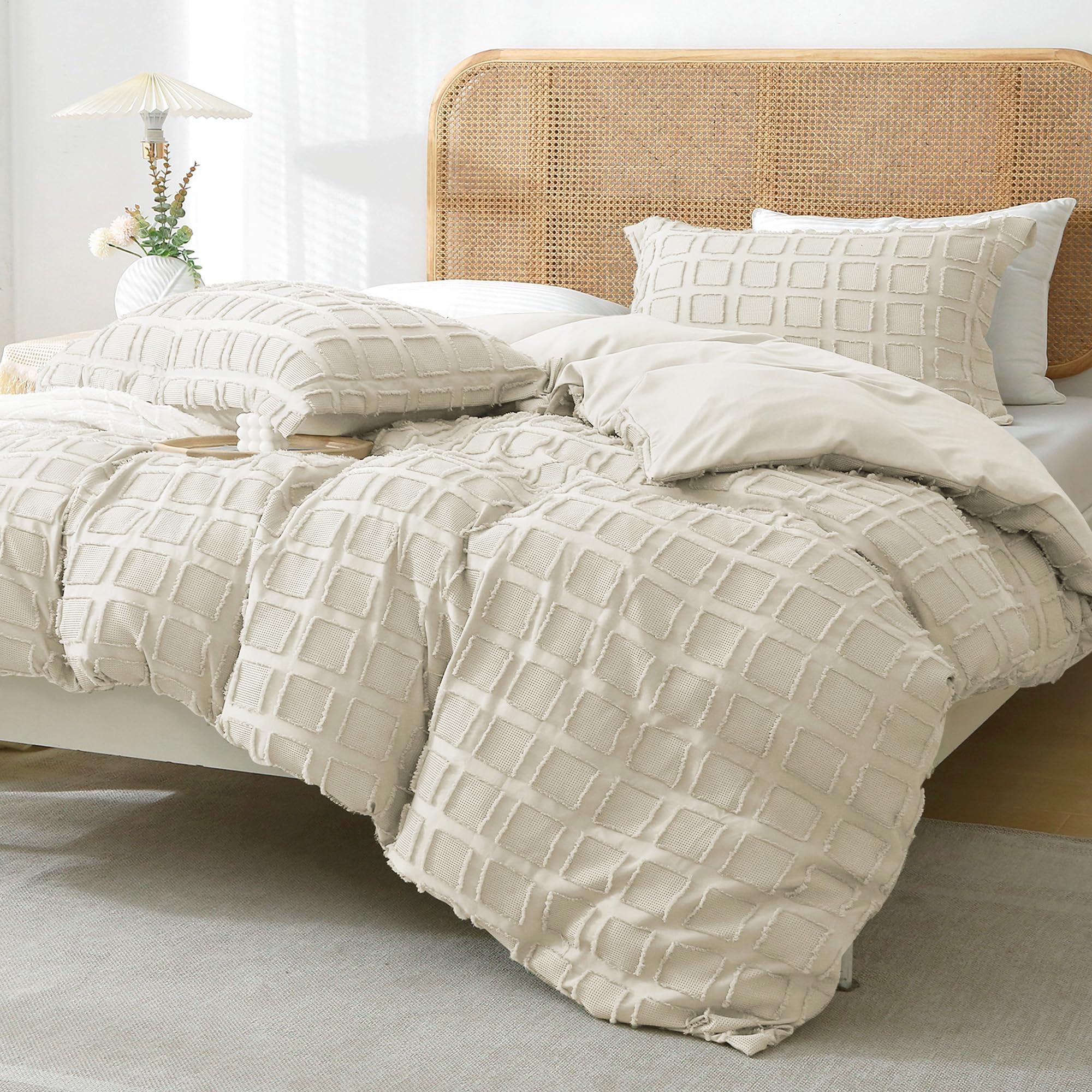 MILDLY Waffle Weave Duvet Cover Set Beige Tufted Duvet Cover 100% Washed Microfiber Soft & Breathable Textured Comforter Cover Set with Zipper Closure Corner Ties