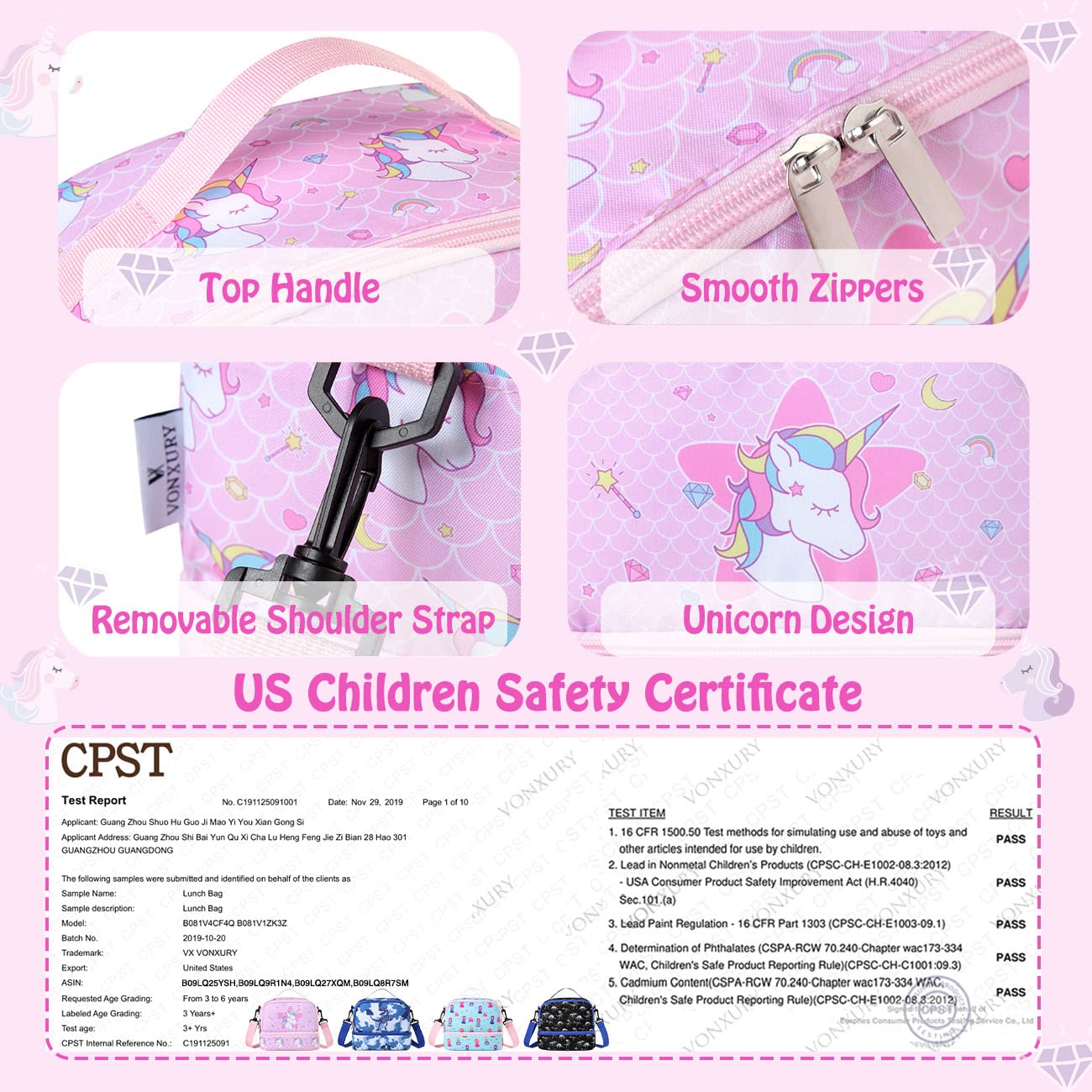 Lunch Bag for Kids, Insulated Lunch Box Cute Thermal Lunch Tote Bag with Dual Compartment and Removable Shoulder Strap, VONXURY (Pink Unicorn 2)