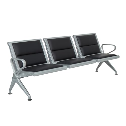Kinfant 3-Seat Waiting Room Chair - Metal Waiting Area Bench Guest Reception Chairs with Armrests, PU Leather Waiting Room Furniture for Office, Airport, Black