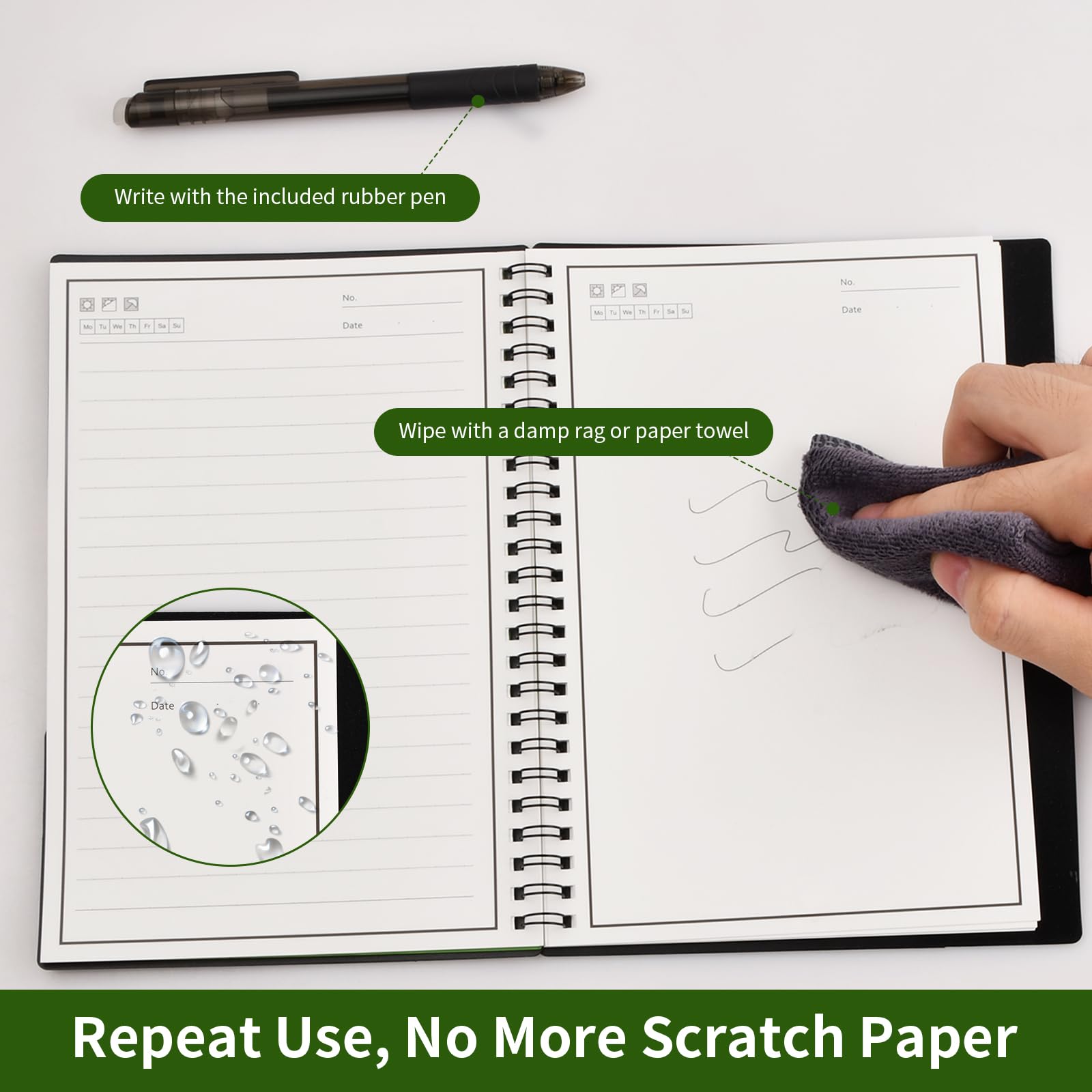 A5 Black Reusable Digital Notepad Eco Friendly Spiral Notebook with Erasable Pen, Sticky Notes and Microfibre Cloth