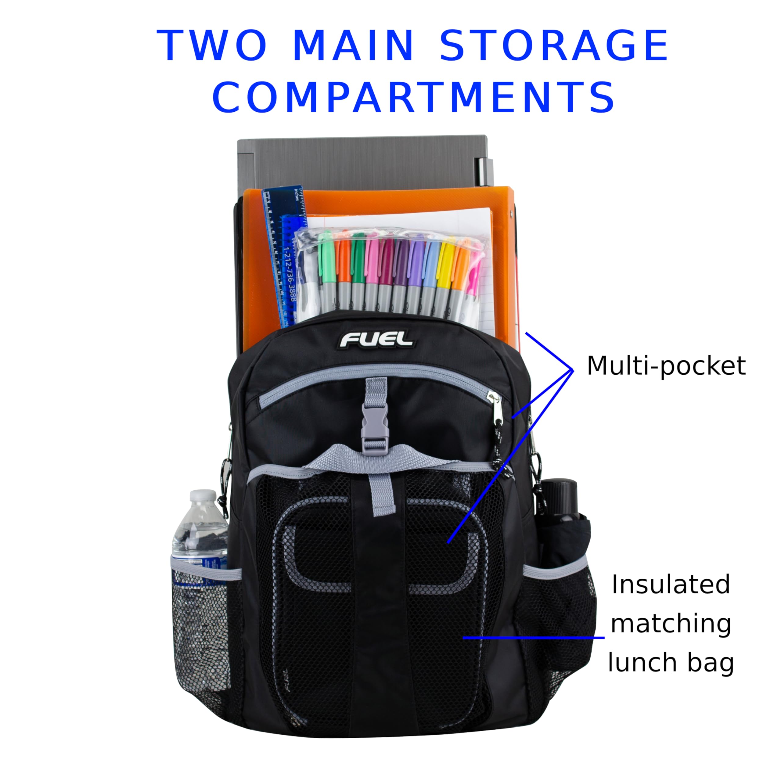 FUEL Lunch Backpack Set Teens Student Water Resistant Bookbag Bag Soft Reusable Insulated Cooler Lunch Box Thermal Travel Office Lunch Bag, Black