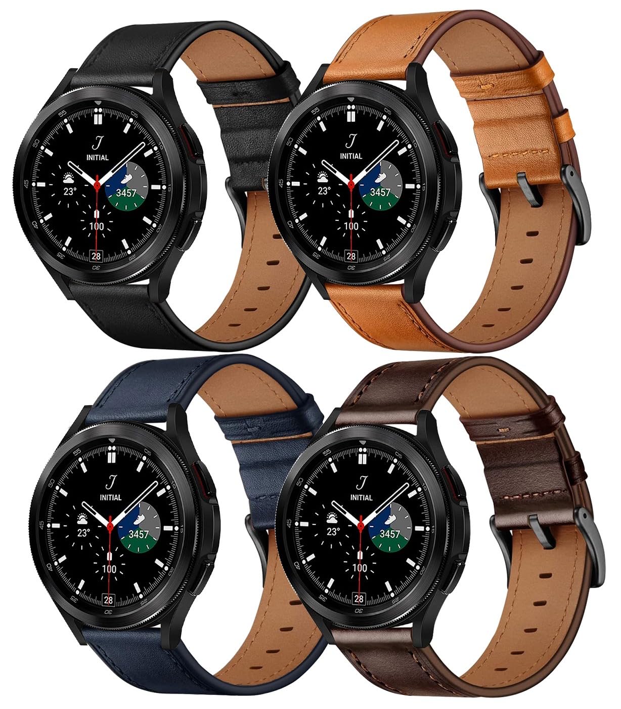 (4 Pack) Leather Band for Galaxy Watch 5 Pro 45mm/4 Classic 46mm 42mm Bands, 20mm Watch Strap Compatible for Samsung Galaxy Watch 5/4 40mm 44mm/Active 2/3 41mm Band, Brown,Coffee,Black,Blue