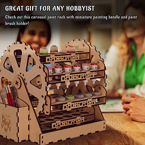 Rotating Carousel Paint Storage Rack Holds 48 Citadel/Vallejo/Army Painter Botlles Wooden Hobby & Craft Painting Station Organizer Caddy for D&D, Warhammer, Tabletop RPG Miniature, Model and Terrain