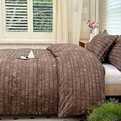 NSNLGSGC Mocha Brown Boho Duvet Cover King, Vintage Chocolate Striped Comforter Cover Set, Coffee Bohemian Bedding Cover Set(3 Pieces, King)