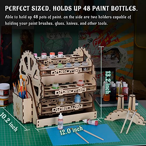 Rotating Carousel Paint Storage Rack Holds 48 Citadel/Vallejo/Army Painter Botlles Wooden Hobby & Craft Painting Station Organizer Caddy for D&D, Warhammer, Tabletop RPG Miniature, Model and Terrain