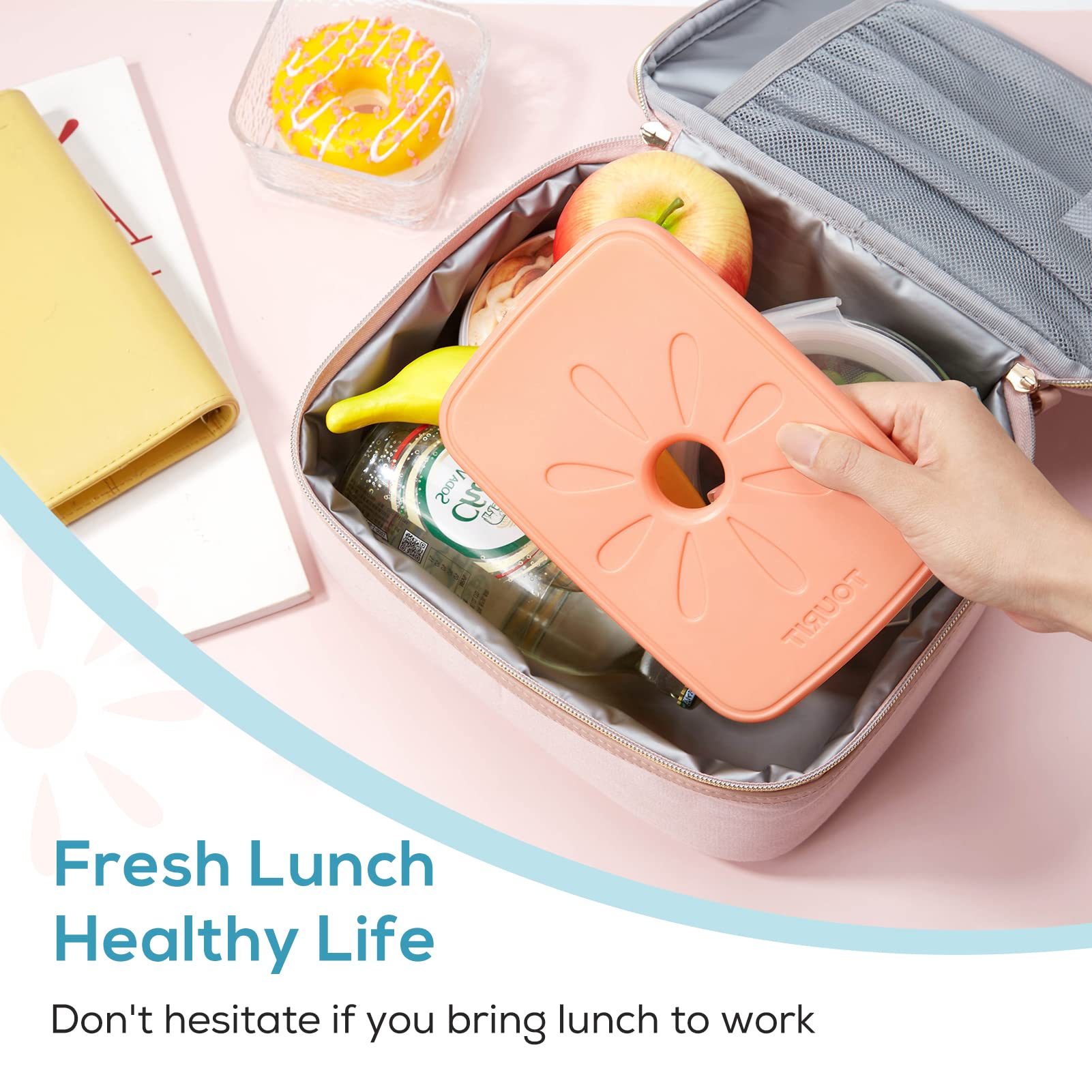 TOURIT Lunch Bag Women Double Deck Lunch Box Insulated Lunch Cooler Pink, with Reusable Long-Lasting Slim Ice Packs, Camping Accessories, 2 Packs Pink & Purple