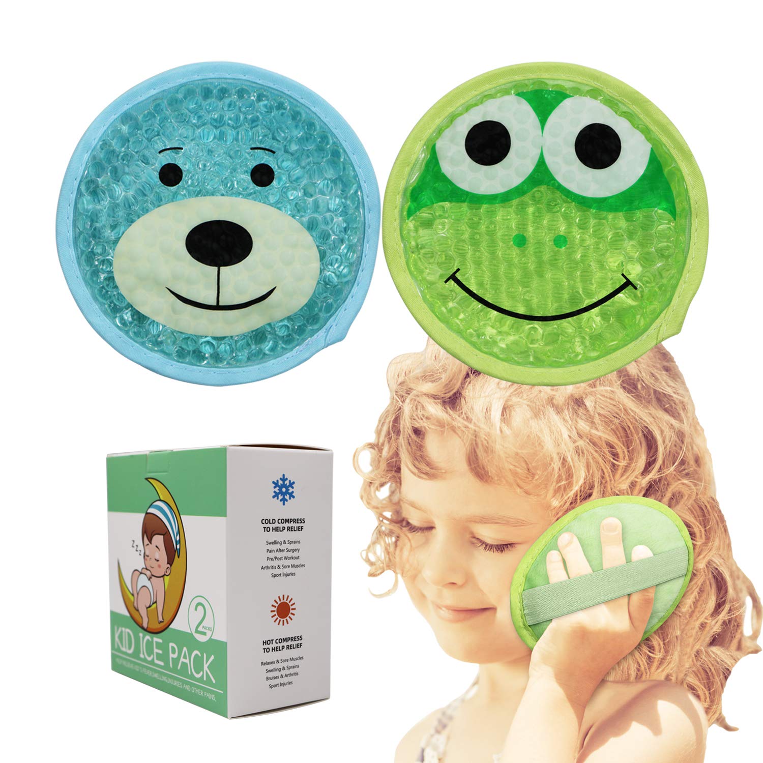 Large Kids Boo Boo Ice Pack,2 Packs Cute Heat Cold Gel Beads Packs for Kid's Fever,Pain Relief,Wisdom Teeth,First Aid and Neck, Head, Arms, Legs Injuries.