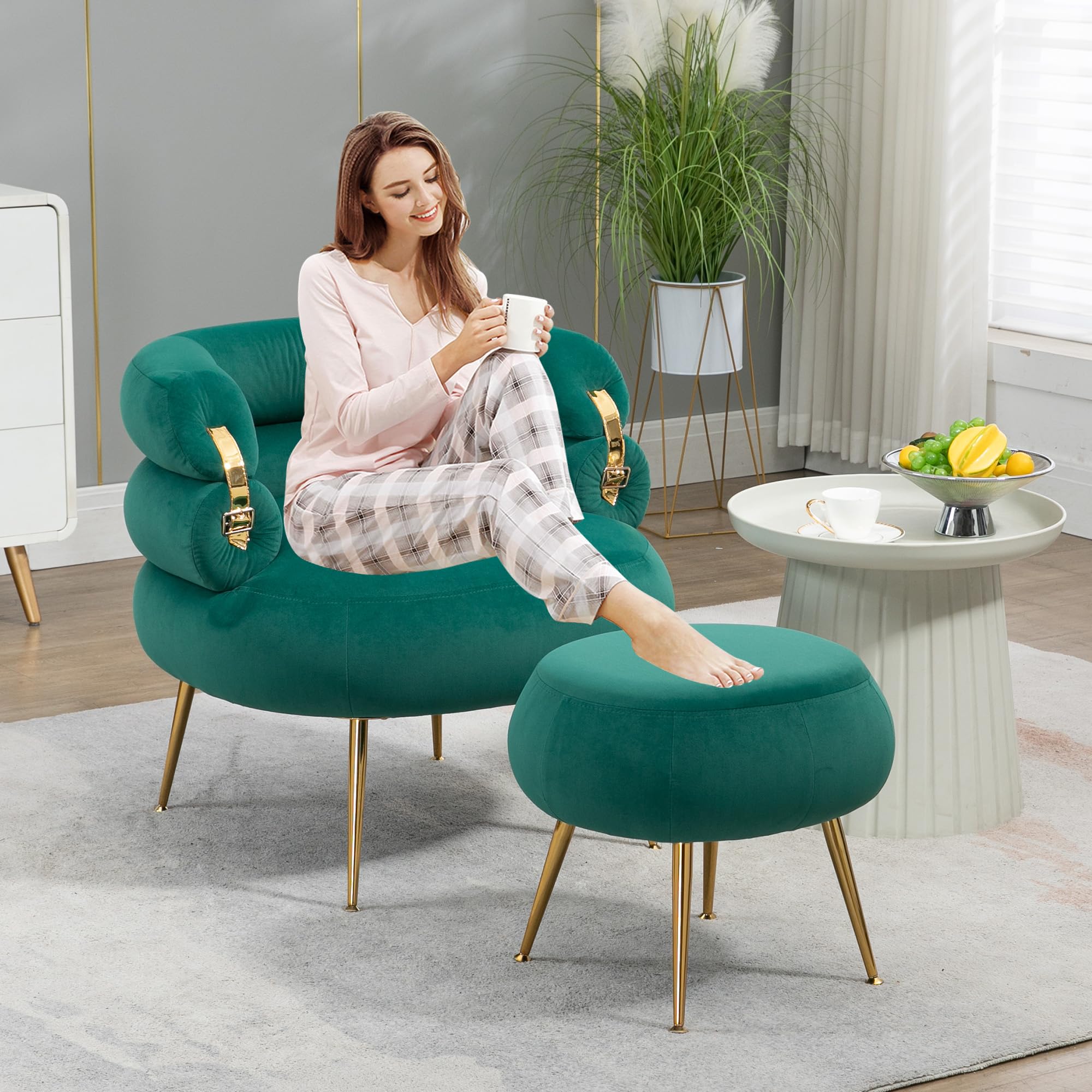 Hdxdkog Velvet Accent Chair with Ottoman Set, Modern Upholstered Armchair Tufted Chair with Footstool, Single Sofa Chair with Metal Legs for Living Room, Apartment, Bedroom(Green-Chair and Ottoman)