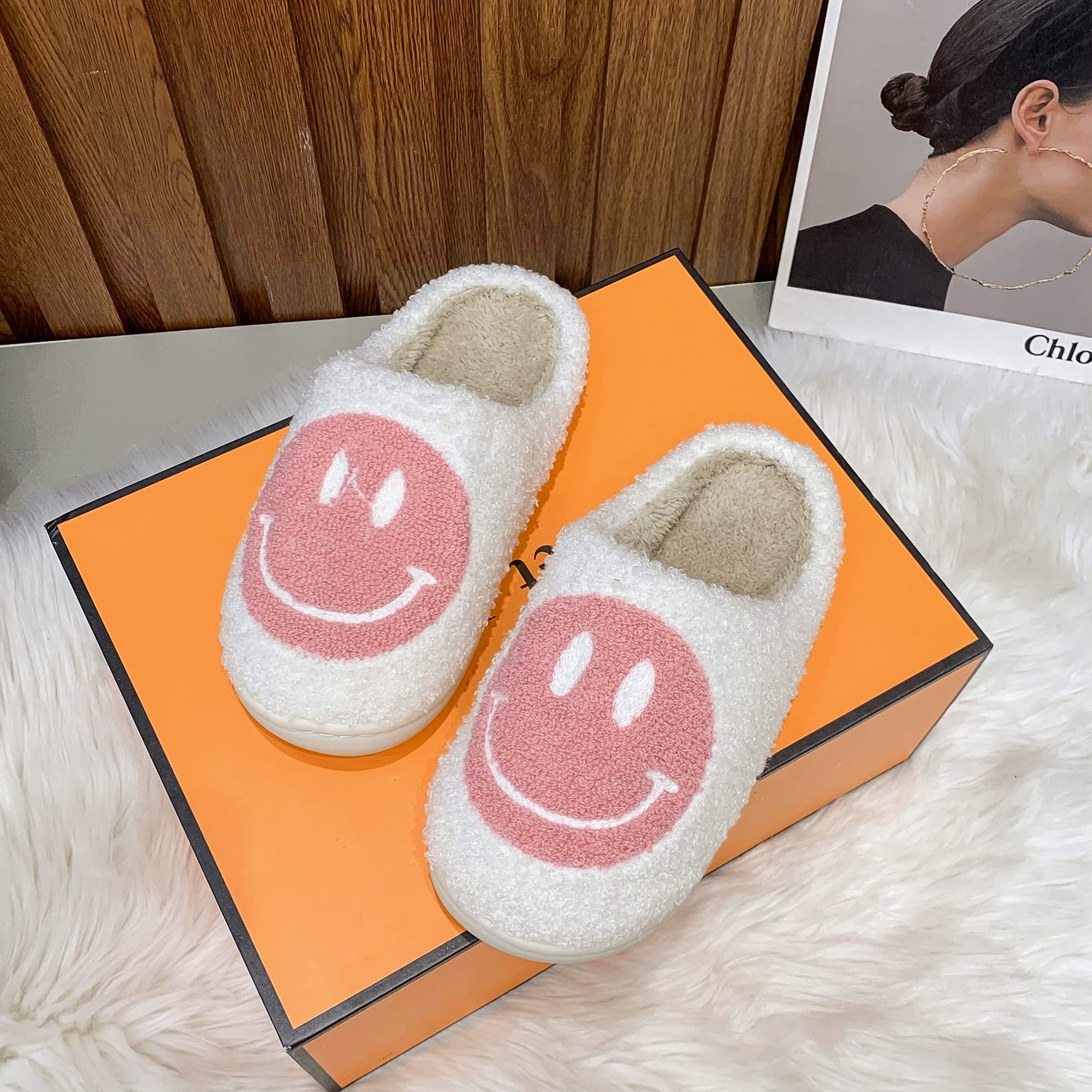 PLMOKN Slippers for women indoor and outdoor men open toe fluffy cute smile face slippers,B-Pink/8.5-9.5