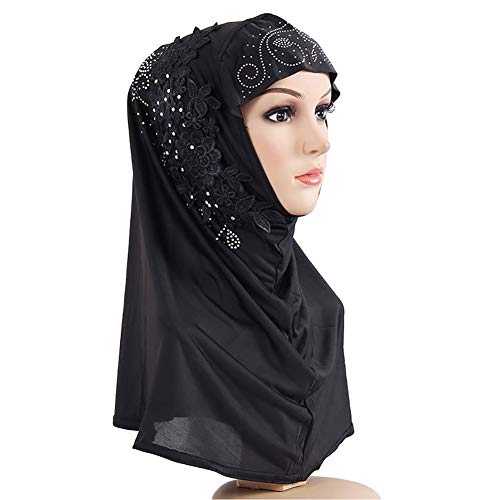 Suillty Women One Piece Muslim Hijab Lace Applique Long Turban Islamic Full Head Scarf Shawls with Rhinestone (Black)