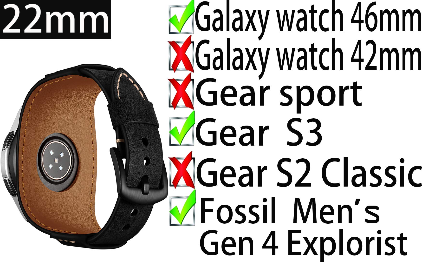Balerion Cuff Genuine Leather Watch band,Compatible with Samsung Galaxy Watch 3 45mm, Galaxy Watch 46mm,Gear S3,Fossil Q Explorist,other Standard 22mm Lug Width Watch,Black