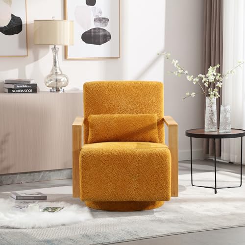 30.5" W Swivel Modern Boucle Upholstered Accent Chair with Solid Wood Armrests, Comfy Lounge Reading Chair, Side Armchair for Hotel Bedroom Living Room Office Nursery Room (Mustard)