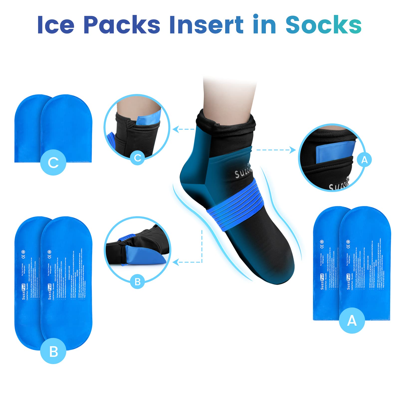 SuzziPad Replacement Ice Gel Packs for Cold Therapy Gloves and Socks(10-Piece Set), S/M