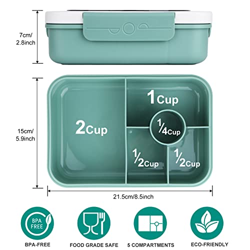 MaMix Bento Lunch Boxes for Adults Kids, Bento Box Adult Lunch Box, 5 Compartment Lunch Box Containers for Adults, Meal Prep Containers Accessories Reusable & Leakproof (Green)