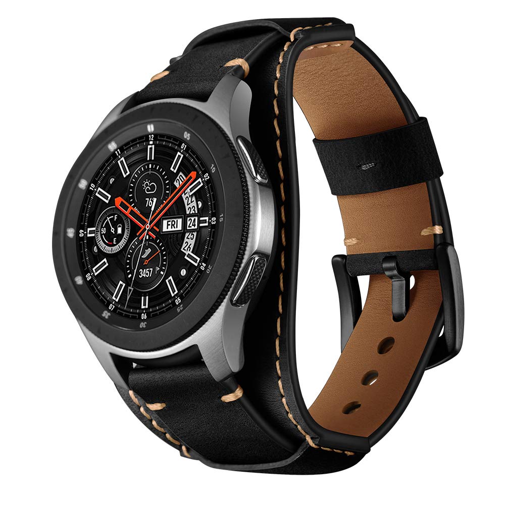 Balerion Cuff Genuine Leather Watch band,Compatible with Samsung Galaxy Watch 3 45mm, Galaxy Watch 46mm,Gear S3,Fossil Q Explorist,other Standard 22mm Lug Width Watch,Black