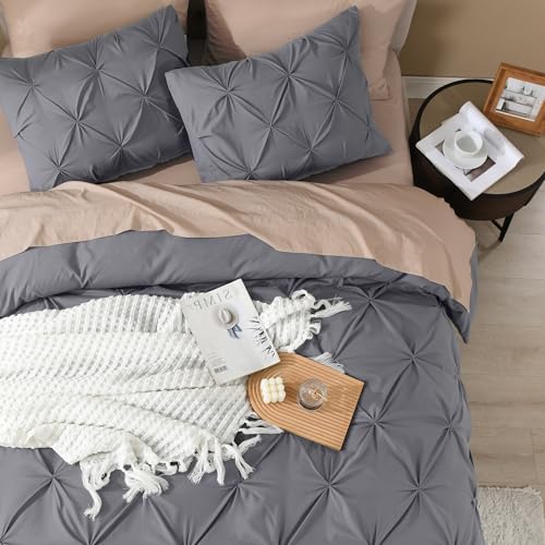 Litanika Queen Grey Pinch Pleat Duvet Cover, 3 Pieces Pintuck Cover Soft Microfiber Bedding Set with Zipper Closure & Corner Ties(104x90Inch-1 Duvet Cover, 2 Pillowcases)
