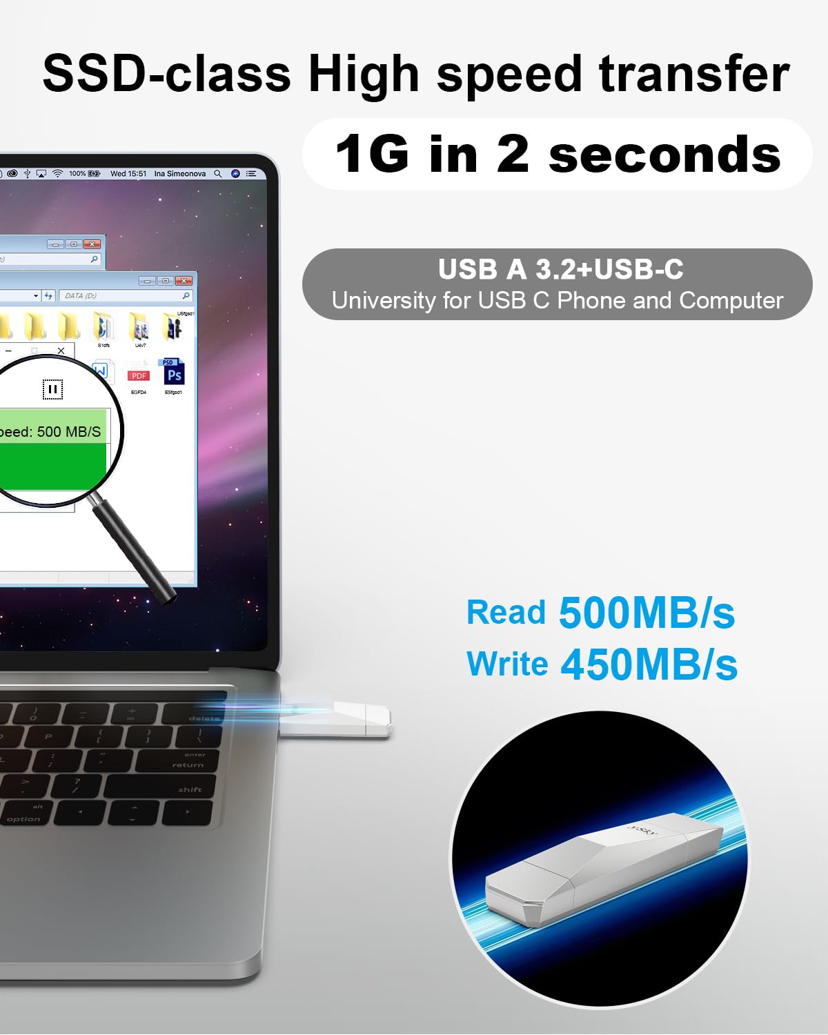 ySky 1TB USB 3.2 SSD Solid State Flash Drive,500MB/s High Speed USB C+ USB A 3.2 Gen2 USB Thumb Drive,2in1 USB C Drive Stick for USB-C iPad/Android Phone,Laptop,Mac,Tablet with Keychain Leather case