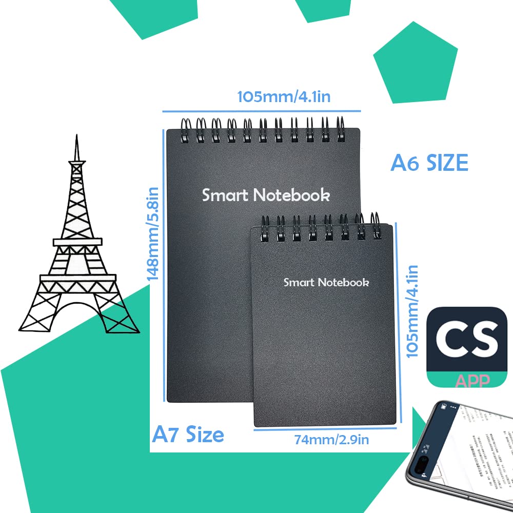 GOTTOWOW Reusable Smart Erasable Notebook, Heat Wet Erase, Waterproof, Wire bound Notebook, Spiral Notebook, Wide Ruled Paper, Blank Paper, Erasable Pen, Cloud Storage, 62 Pages, A5 (black 1)