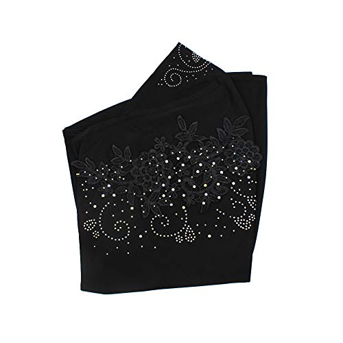 Suillty Women One Piece Muslim Hijab Lace Applique Long Turban Islamic Full Head Scarf Shawls with Rhinestone (Black)