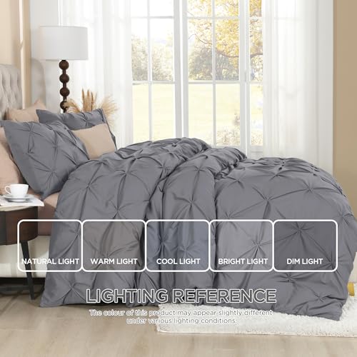 Litanika Queen Grey Pinch Pleat Duvet Cover, 3 Pieces Pintuck Cover Soft Microfiber Bedding Set with Zipper Closure & Corner Ties(104x90Inch-1 Duvet Cover, 2 Pillowcases)