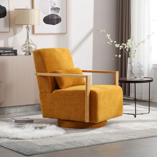 30.5" W Swivel Modern Boucle Upholstered Accent Chair with Solid Wood Armrests, Comfy Lounge Reading Chair, Side Armchair for Hotel Bedroom Living Room Office Nursery Room (Mustard)