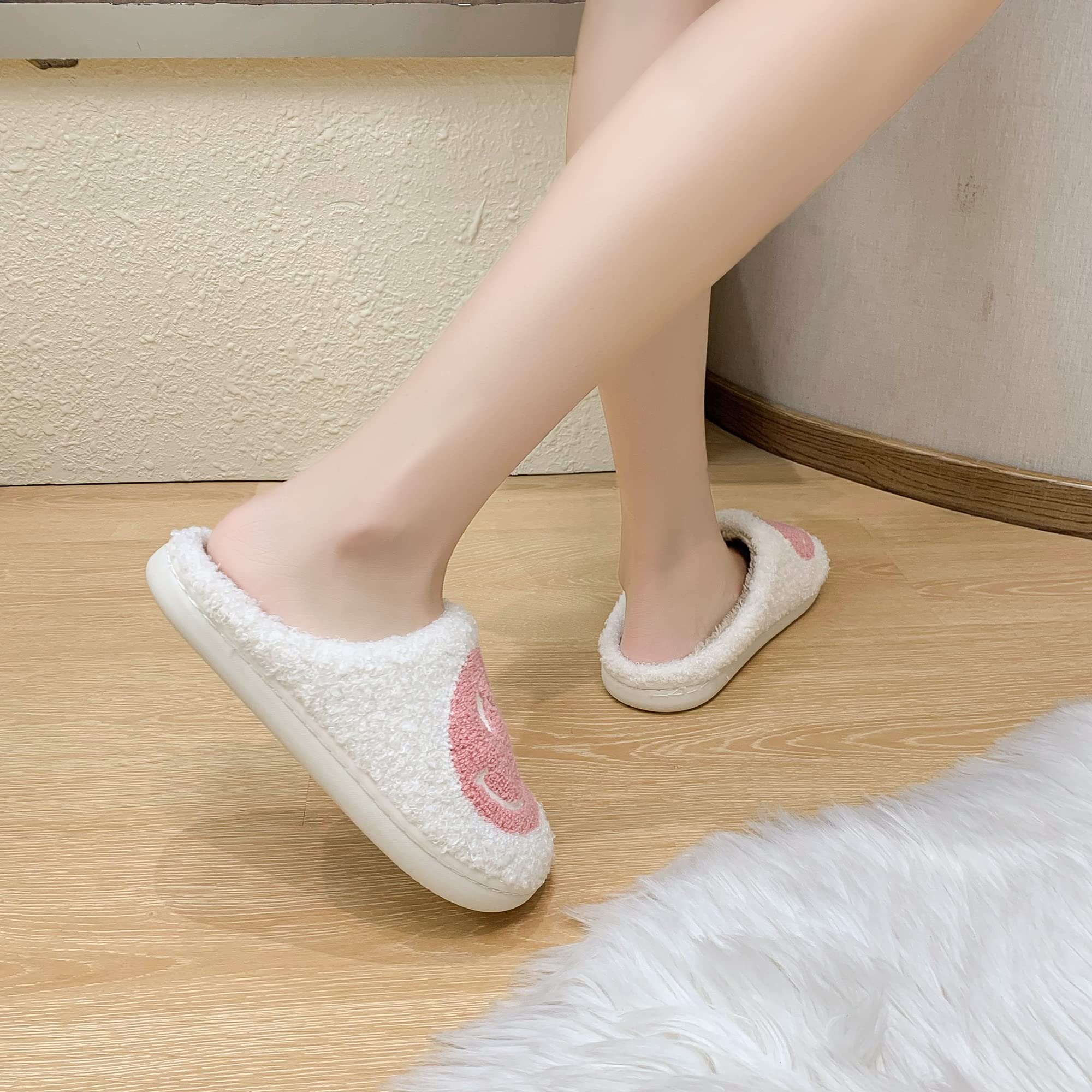 PLMOKN Slippers for women indoor and outdoor men open toe fluffy cute smile face slippers,B-Pink/8.5-9.5