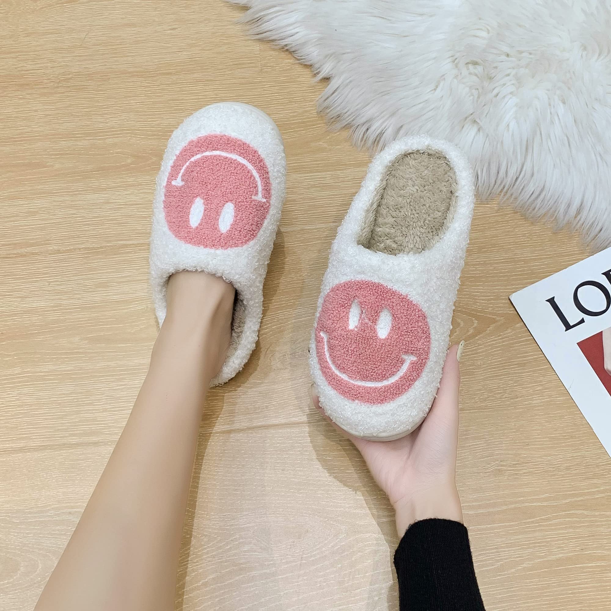 PLMOKN Slippers for women indoor and outdoor men open toe fluffy cute smile face slippers,B-Pink/8.5-9.5