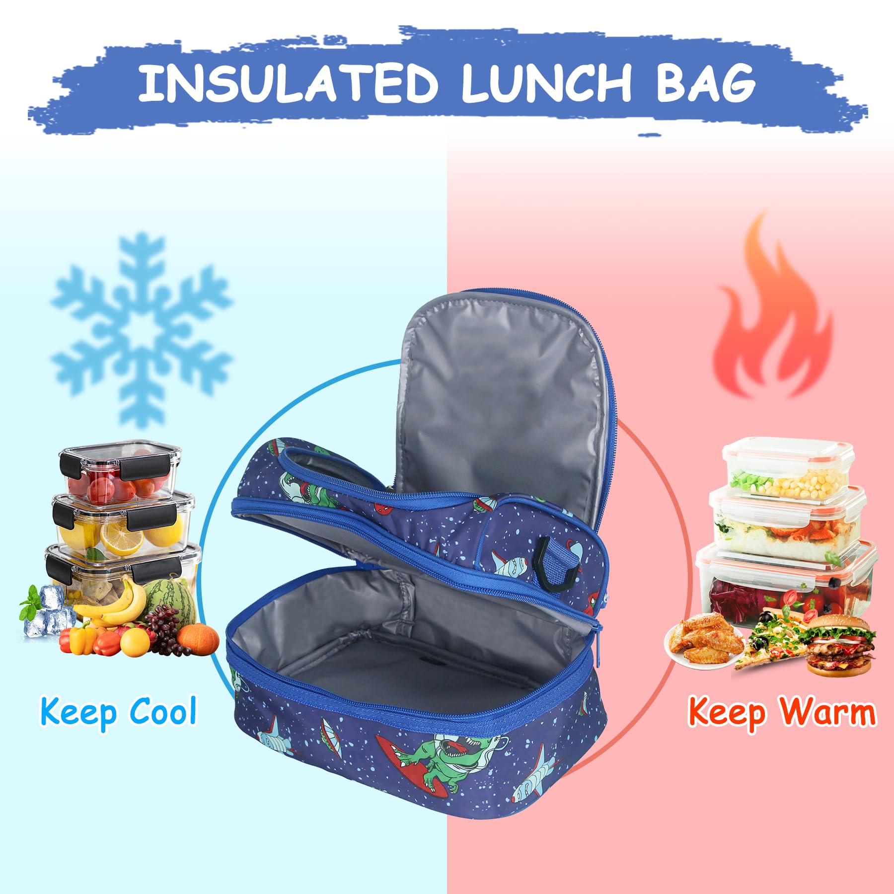 Kasqo Lunch Box Bag for Boys, Insulated Cooler Bag Kids Lunch Tote with Dual Compartments, Blue Dinosaur