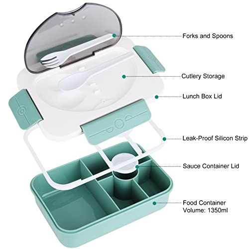 MaMix Bento Lunch Boxes for Adults Kids, Bento Box Adult Lunch Box, 5 Compartment Lunch Box Containers for Adults, Meal Prep Containers Accessories Reusable & Leakproof (Green)