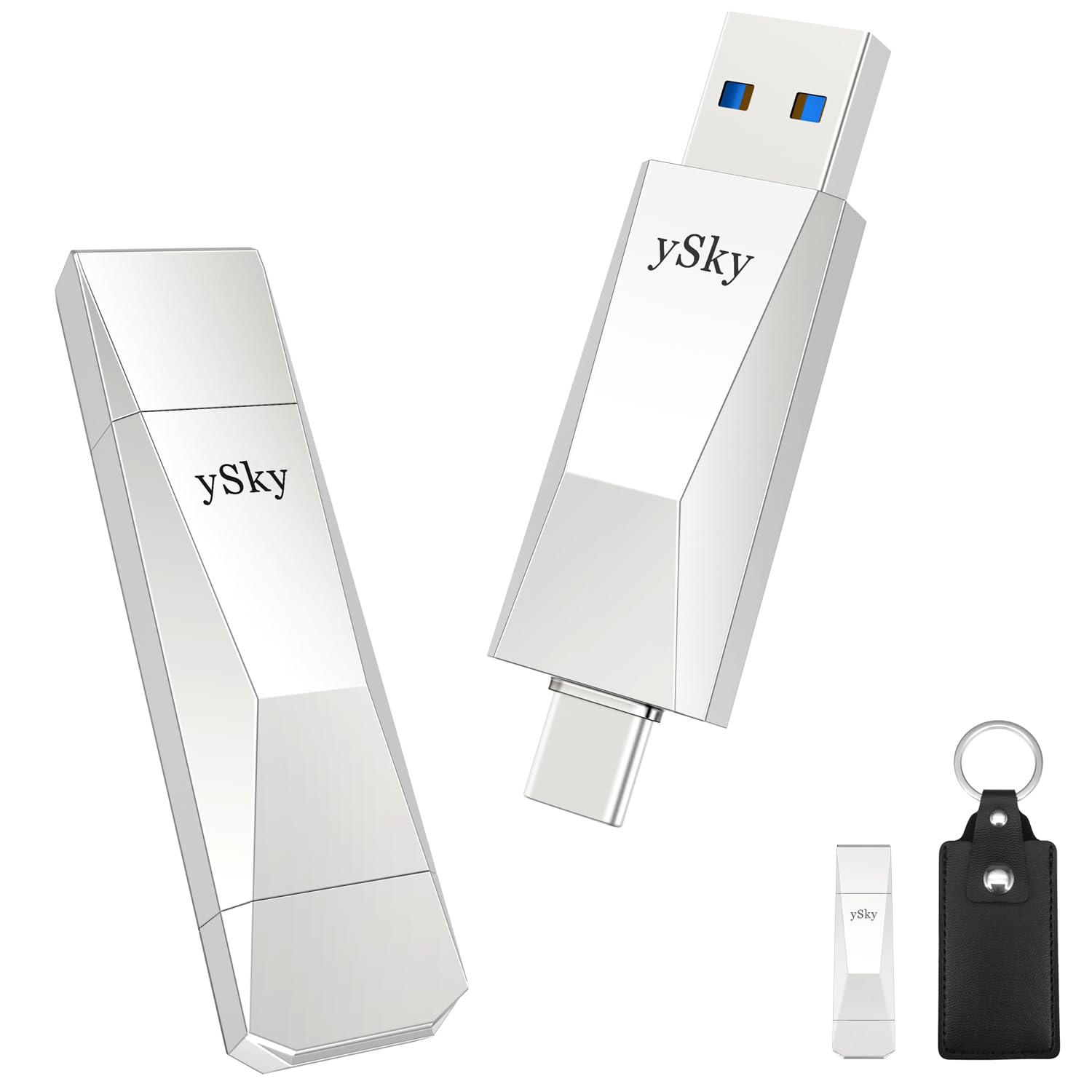 ySky 1TB USB 3.2 SSD Solid State Flash Drive,500MB/s High Speed USB C+ USB A 3.2 Gen2 USB Thumb Drive,2in1 USB C Drive Stick for USB-C iPad/Android Phone,Laptop,Mac,Tablet with Keychain Leather case