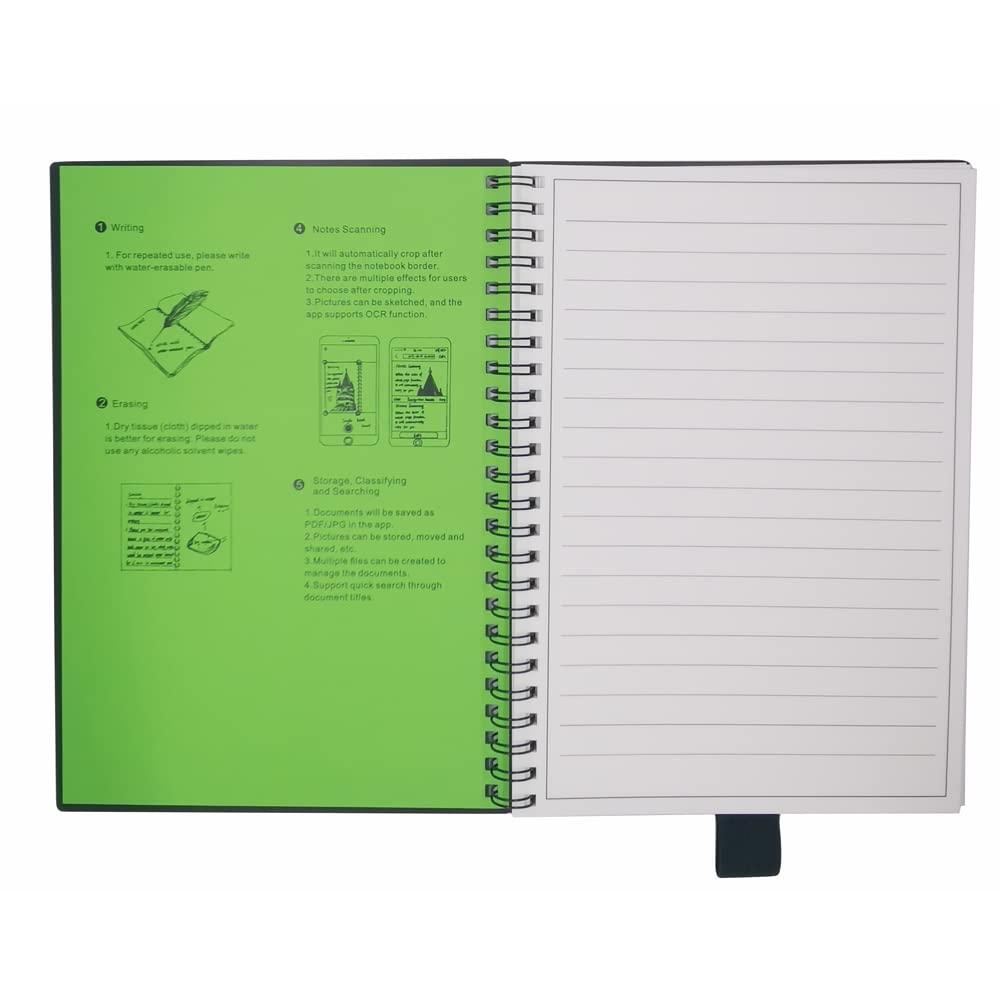 GOTTOWOW Reusable Smart Erasable Notebook, Heat Wet Erase, Waterproof, Wire bound Notebook, Spiral Notebook, Wide Ruled Paper, Blank Paper, Erasable Pen, Cloud Storage, 62 Pages, A5 (black 1)