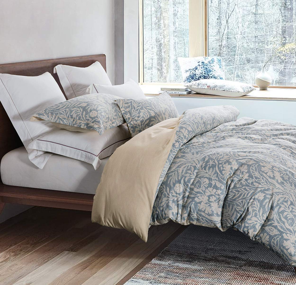 SLEEPBELLA Duvet Cover Twin Size, 600 Thread Count Cotton Beige & Bluish Grey Printed with Luxurious Leaves Pattern Reversible Botanical Comforter Cover Sets, Bedding Set 2Pcs (Twin, Beige Paisley)