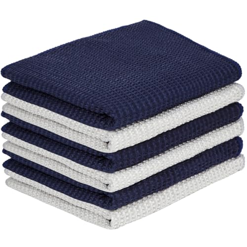 Airensky Kitchen Essentials Dish Towels 6-Piece Value Set - Waffle Design, Reusable Cleaning Cloths, Soft, Ultra-Absorbent, Nonstick Oil and Quick Drying - 12x12 Inches (3 Navy, 3 Gray)