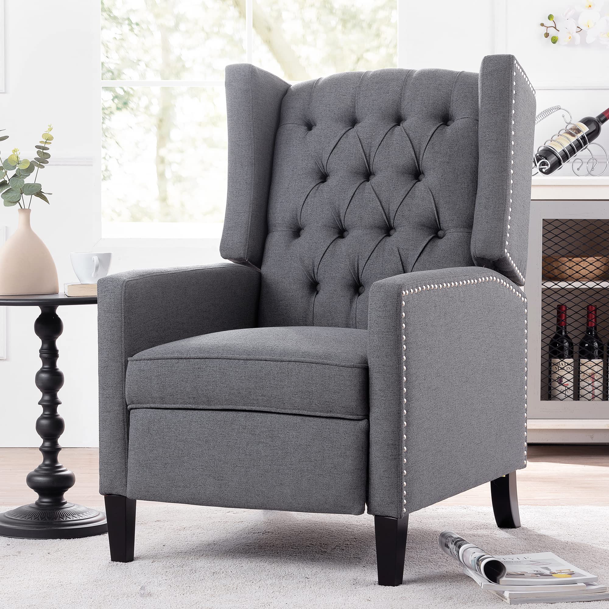 Pushback Recliner Chair,Comfy Wingback Recliner Sofa Chair with Adjustable Backrest,Tufted Fabric Accent Armchair with Vintage Rivets Trim for Living Room Office Home Theater (Gray-New)