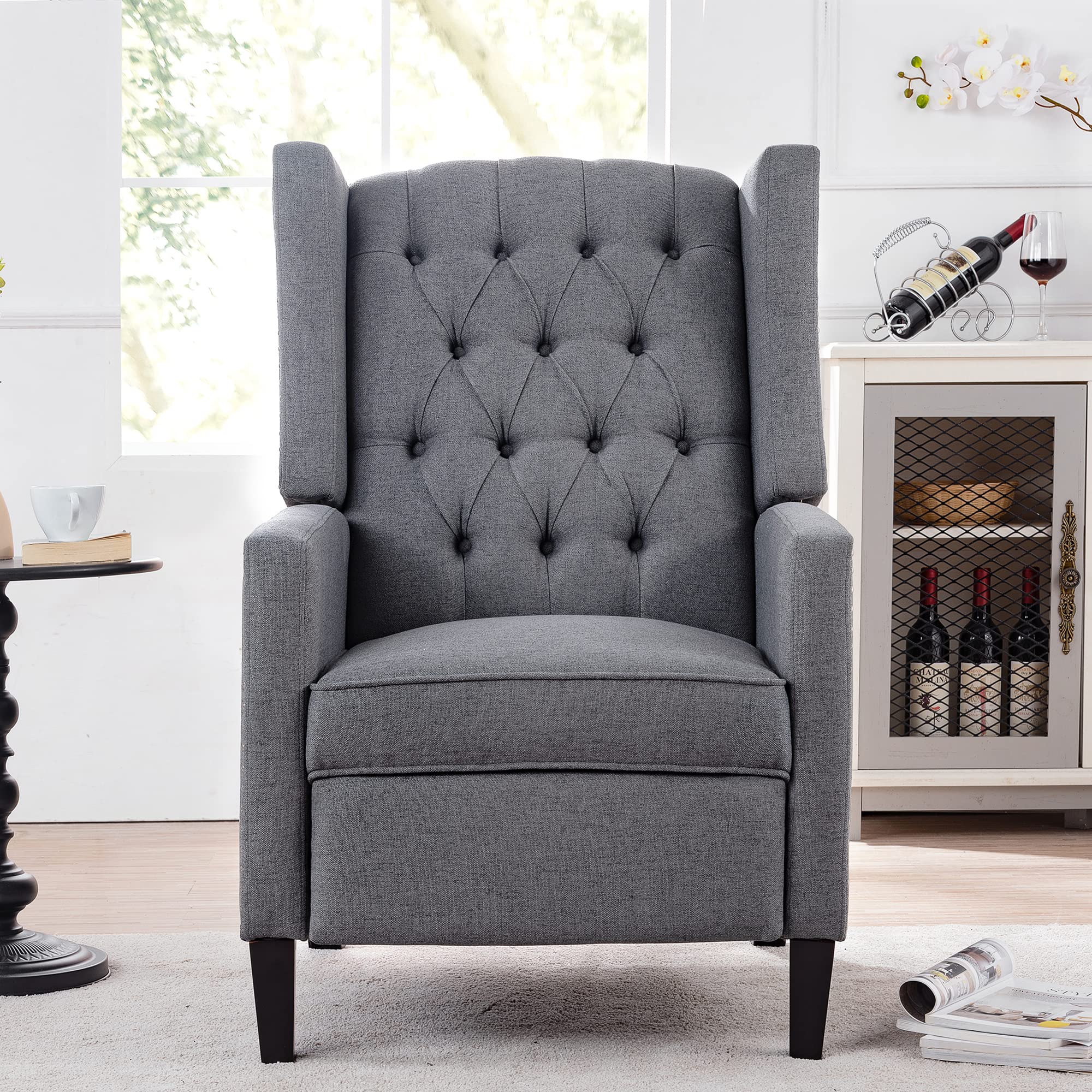 Pushback Recliner Chair,Comfy Wingback Recliner Sofa Chair with Adjustable Backrest,Tufted Fabric Accent Armchair with Vintage Rivets Trim for Living Room Office Home Theater (Gray-New)