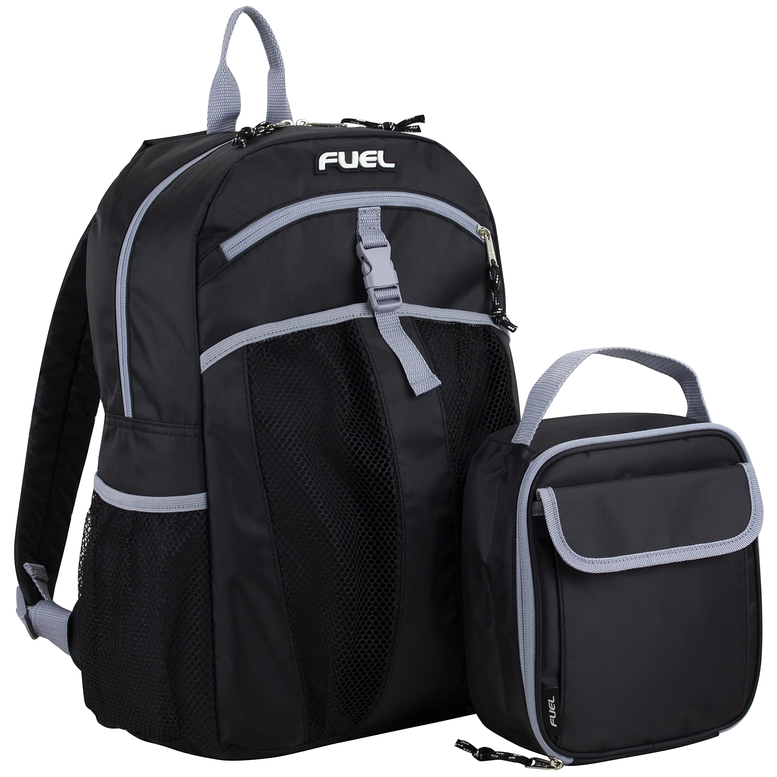 FUEL Lunch Backpack Set Teens Student Water Resistant Bookbag Bag Soft Reusable Insulated Cooler Lunch Box Thermal Travel Office Lunch Bag, Black