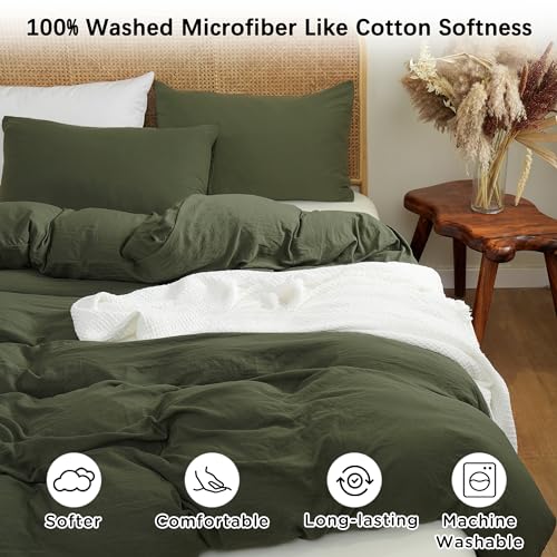 ATsense Duvet Cover King Size, 100% Washed Microfiber Like Washed Cotton Super Soft and Breathable, 3 Piece Olive Green Comforter Cover Bedding Set, Simple Style Farmhouse Quilt Cover