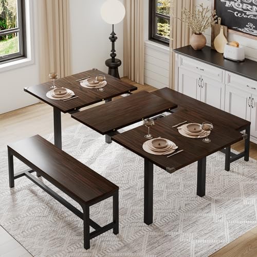 iPormis 3 Pcs 63" Dining Table for 4-6, Extendable Dining Room Table with 2 Benches, Mid Century-Modern Kitchen Table Set for Small Space, Easy Clean, Espresso