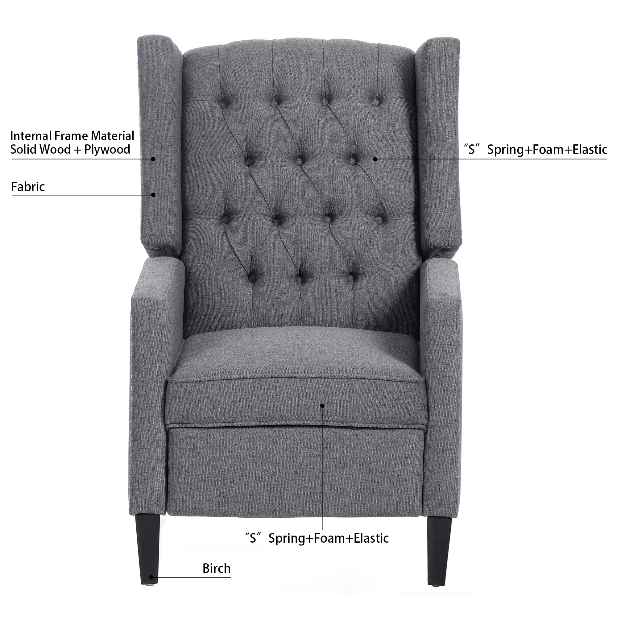 Pushback Recliner Chair,Comfy Wingback Recliner Sofa Chair with Adjustable Backrest,Tufted Fabric Accent Armchair with Vintage Rivets Trim for Living Room Office Home Theater (Gray-New)