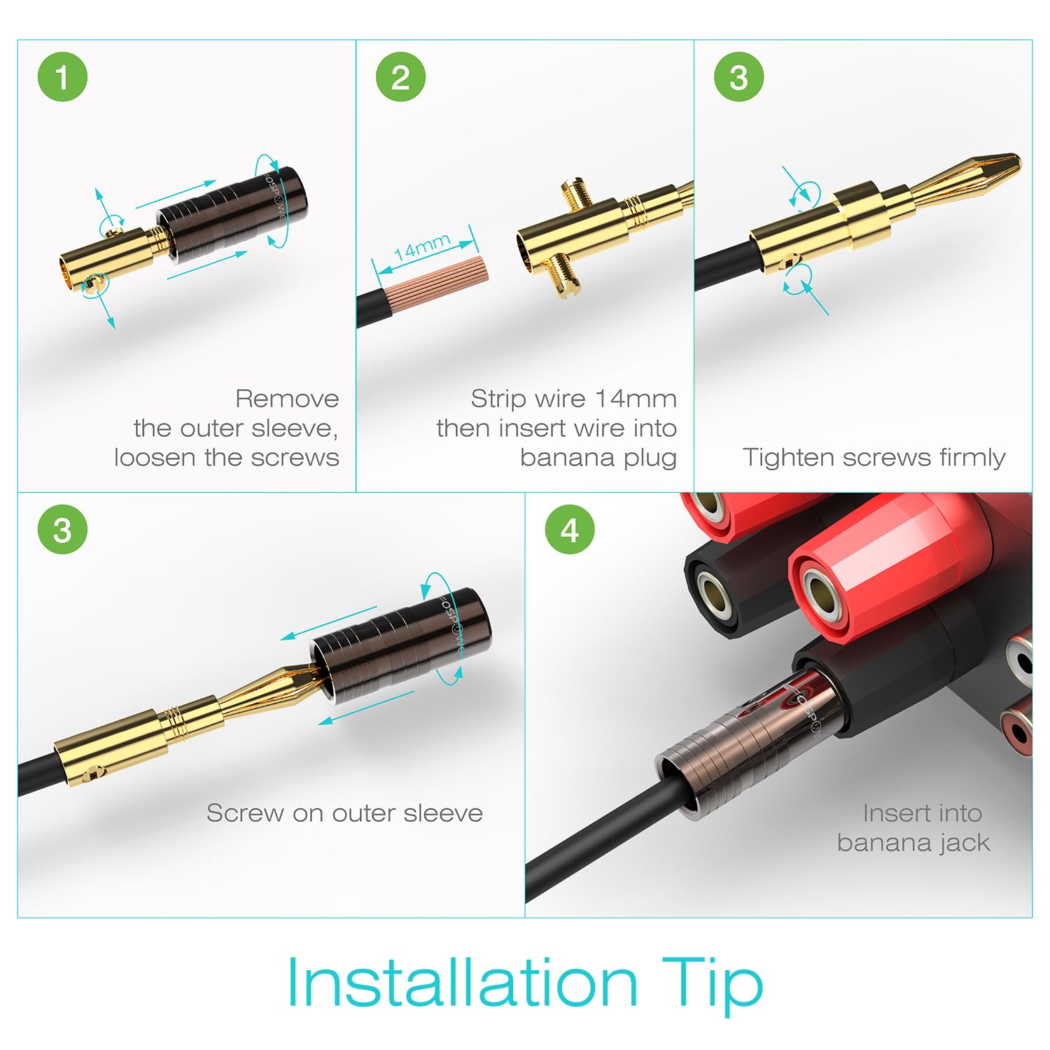 FosPower Banana Plugs 2 Pairs / 4 pcs, Closed Screw 24K Gold Plated Banana Speaker Plug Connectors for Speaker Wire, Wall Plate, Home Theater, Audio/Video Receiver, Amplifiers and Sound Systems