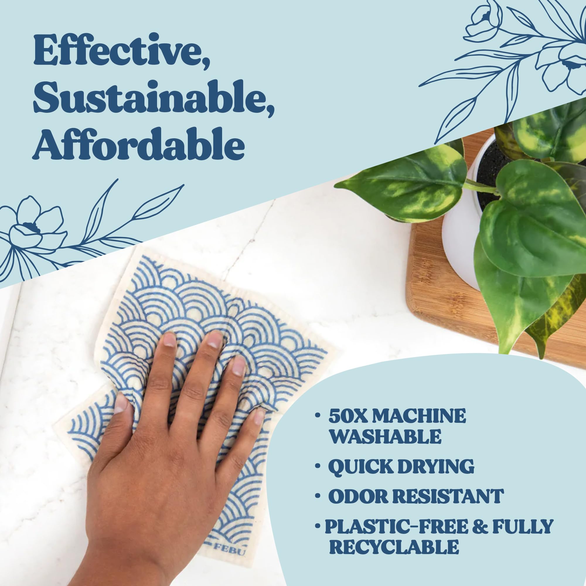 FEBU Swedish Dishcloths for Kitchen | 5 Pack Watercolor Reusable Paper Towels Washable | Swedish Dish Towels | Non-Scratch Cellulose Sponge Cloths | No Odor, Biodegradable Cleaning Cloths