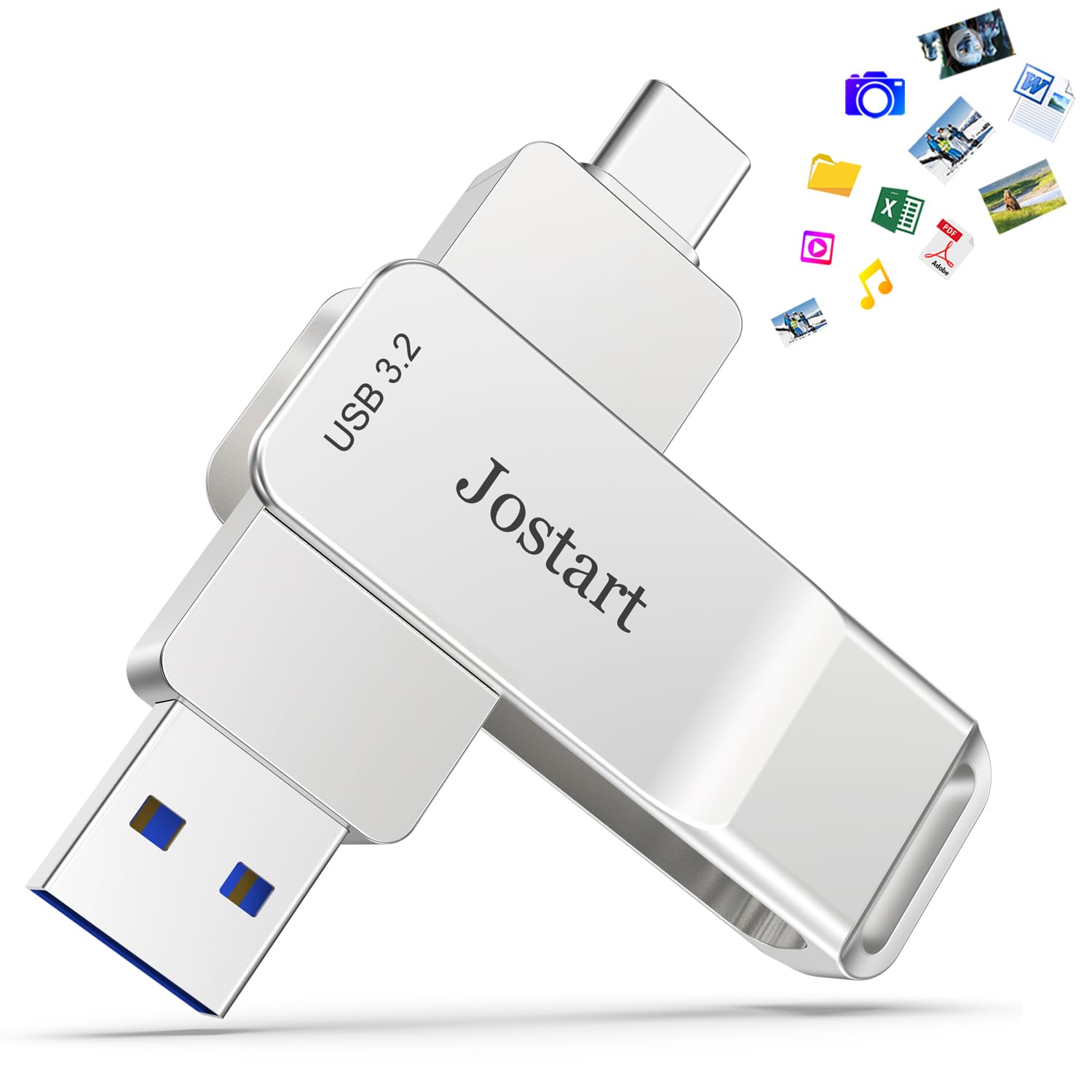 JOSTART USB C Flash Drive 1 TB, 500MB/s High Speed Thumb Drive, USB 3.2 + Type C Dual Drive, Portable Memory Stick for iPhone15/16/PS4/Tablet/Laptop/PC Data Backup, Sliver