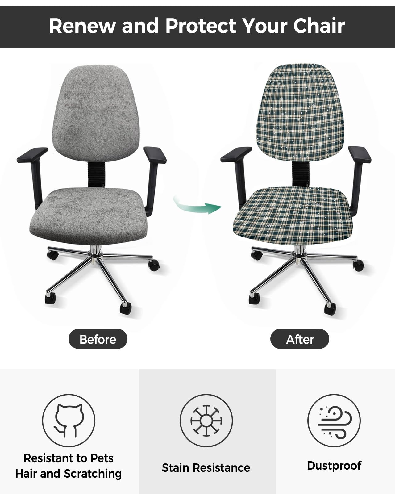 Christmas Snowflake Office Chair Cover Stretchable Computer Chair Seat Cover Backrest Slipcovers, Stretchable Rotating Desk Chair Seat Cushion Split Protectors Farmhouse Buffalo Plaid Blackish Green