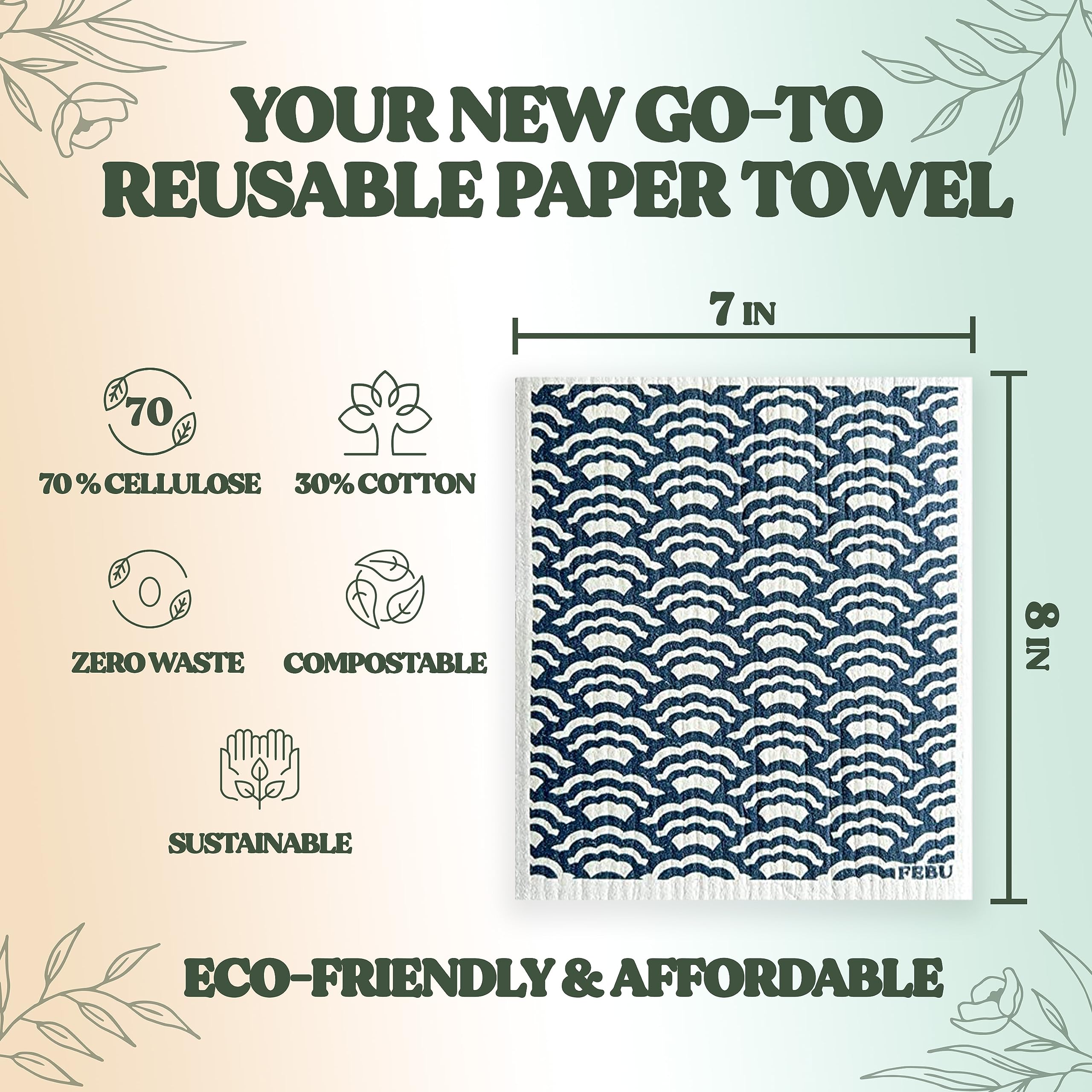 FEBU Swedish Dishcloths for Kitchen | 5 Pack Watercolor Reusable Paper Towels Washable | Swedish Dish Towels | Non-Scratch Cellulose Sponge Cloths | No Odor, Biodegradable Cleaning Cloths