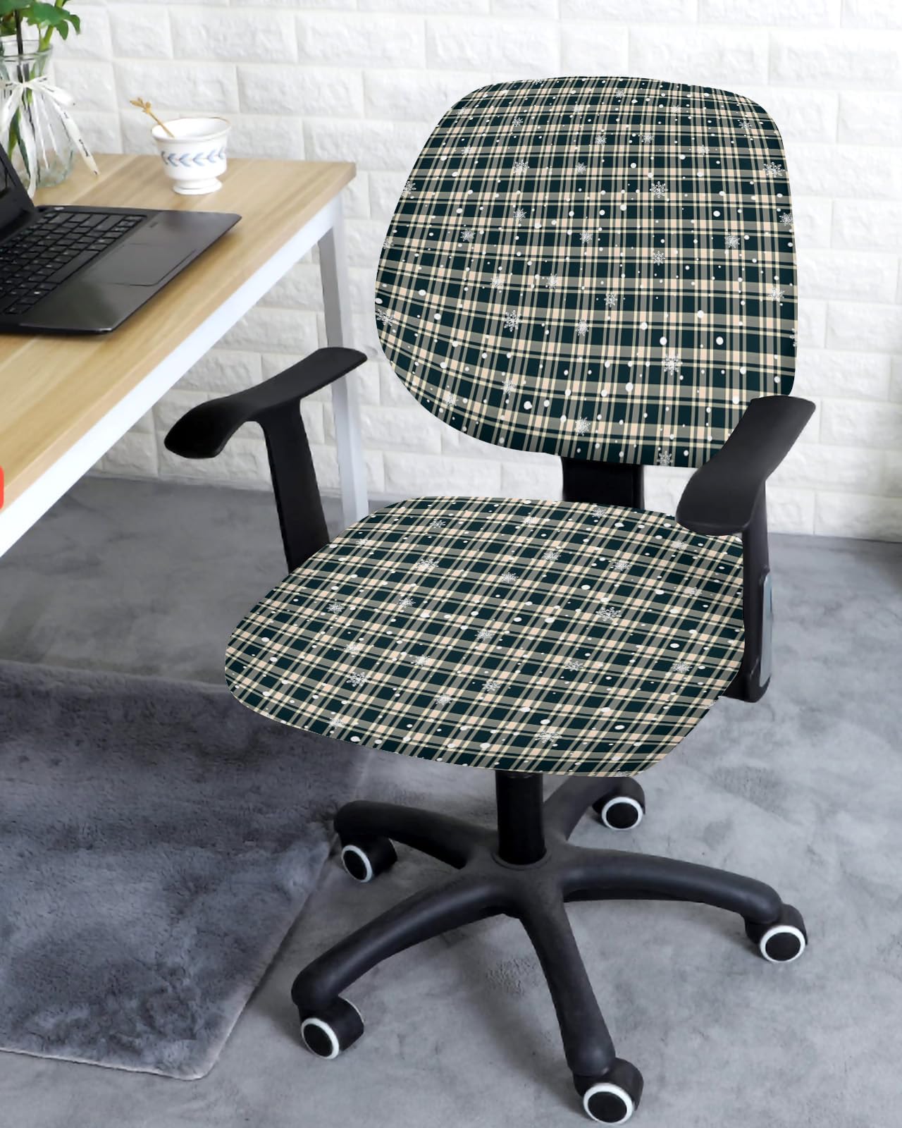 Christmas Snowflake Office Chair Cover Stretchable Computer Chair Seat Cover Backrest Slipcovers, Stretchable Rotating Desk Chair Seat Cushion Split Protectors Farmhouse Buffalo Plaid Blackish Green